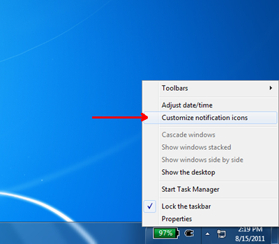 Customizing the Windows 7 Notification Area | IT Services